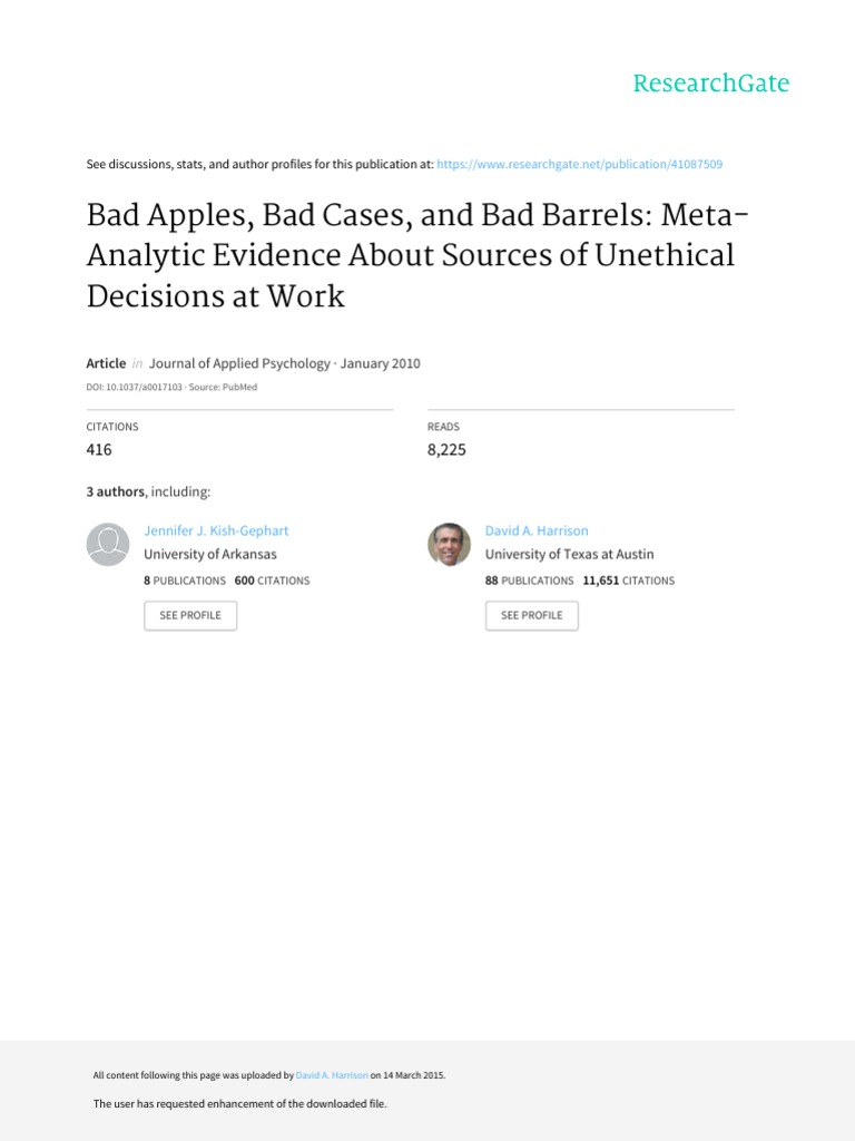 Bad Apples, Bad Cases, and Bad Barrels - Meta-Analytic Evidence | PDF ...