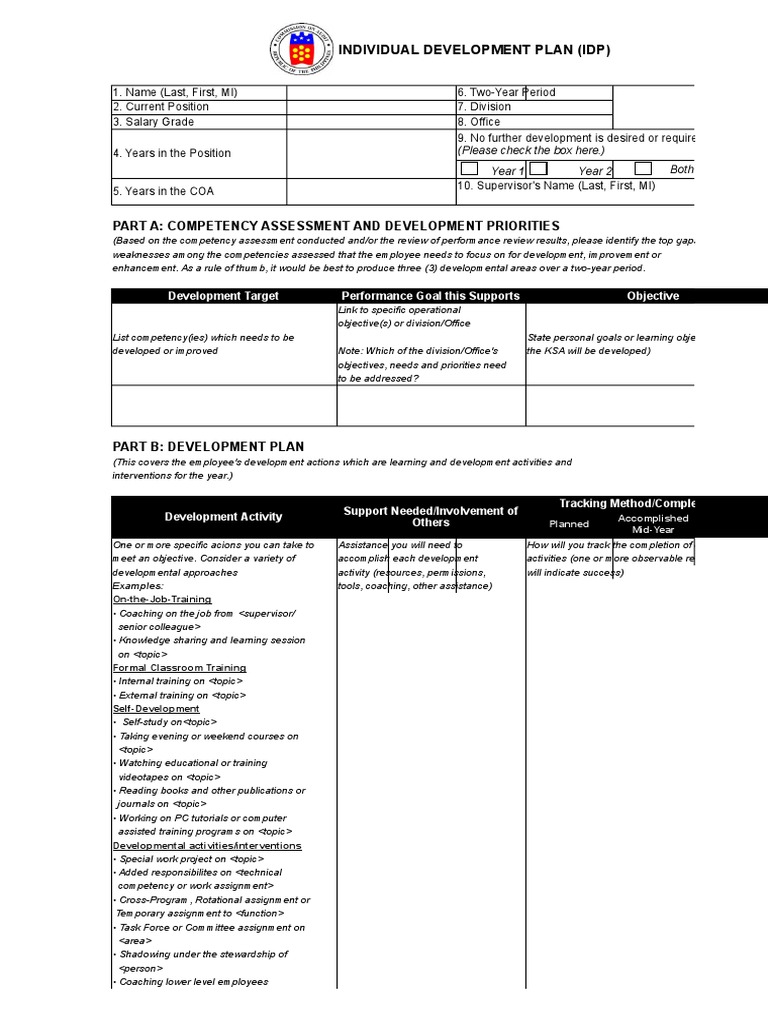 Part A: Competency Assessment and Development Priorities: Individual Development Plan (Idp ...