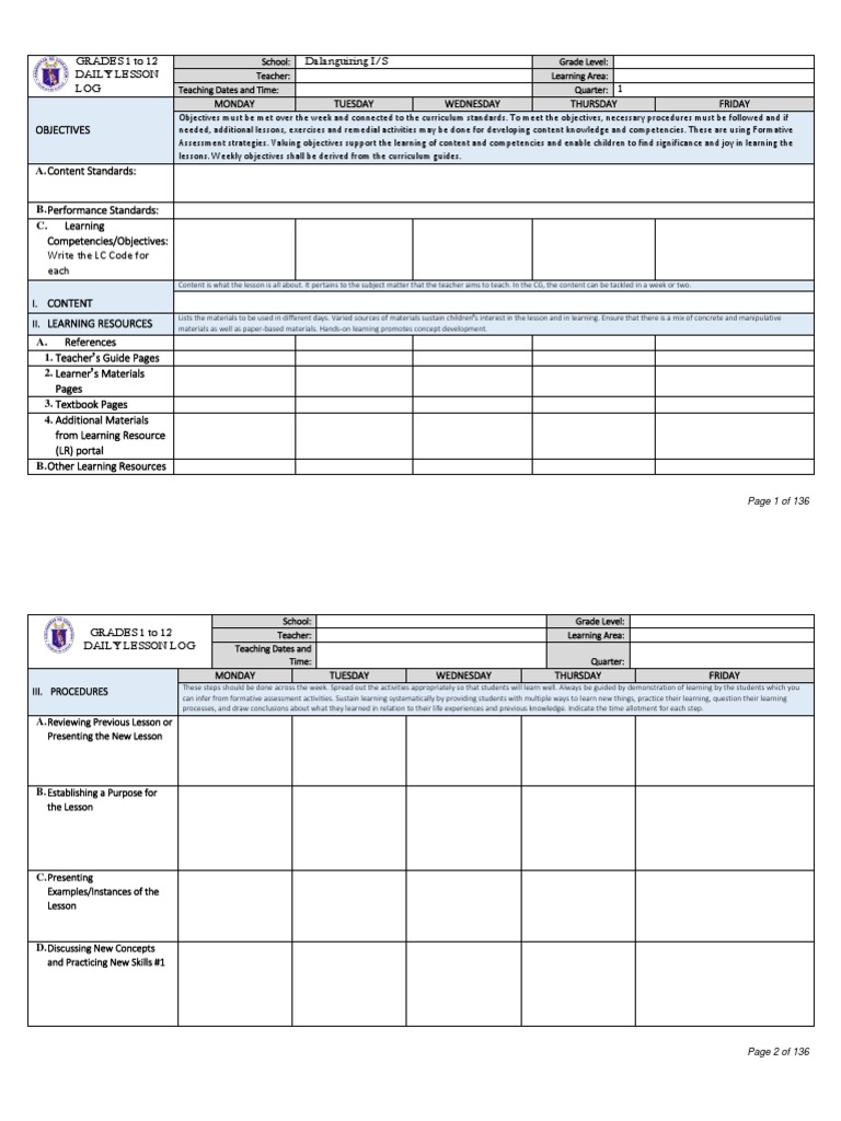 GRADES 1 to 12 Daily Lesson LOG Dalanguiring I/S 1: Monday Tuesday ...