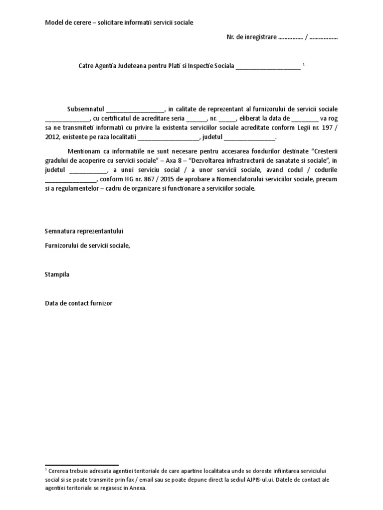 Model de Cerere - Solicitare Informatii Servicii Sociale