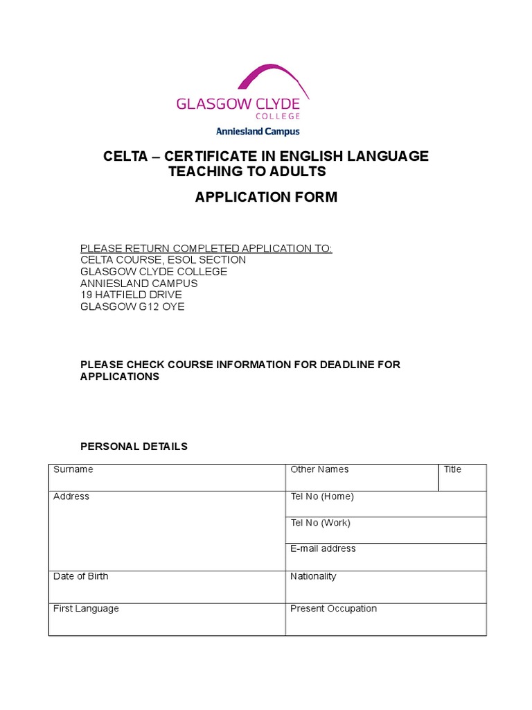 CELTA Application Form Anniesland | PDF