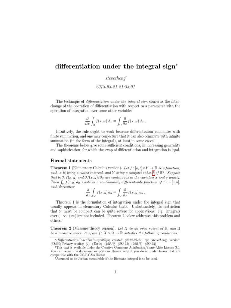 Differentiation Under The Integral Sign - Stevecheng | PDF ...
