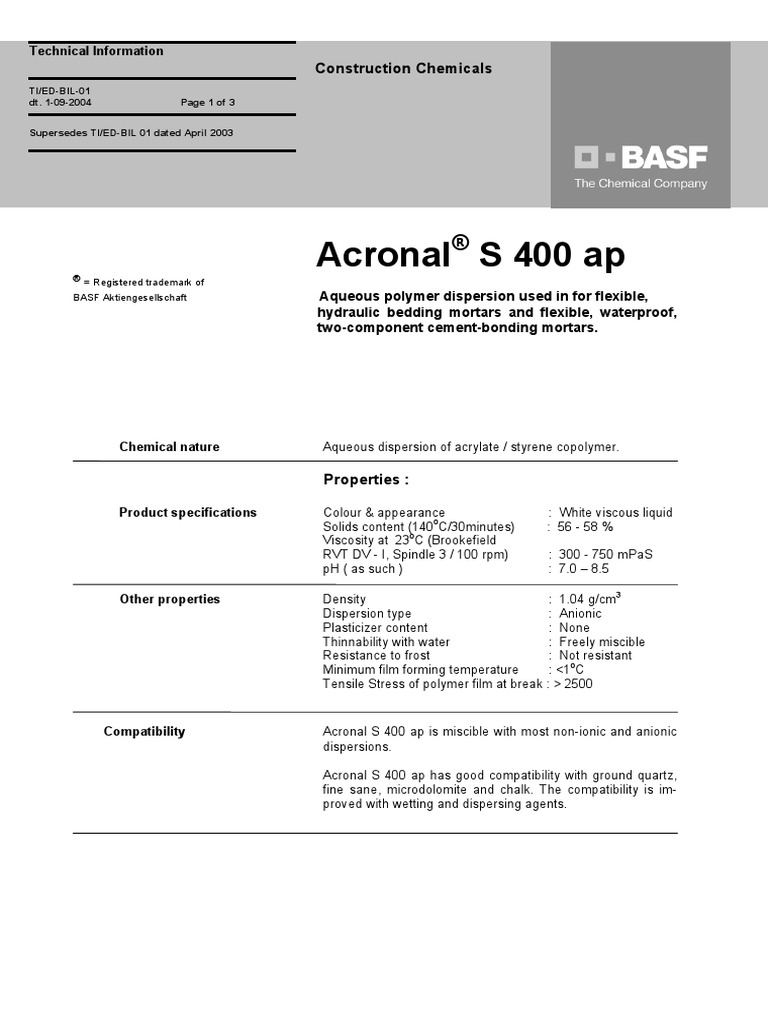 Acronal S 400 Ap PDF | Polymers | Mortar (Masonry)