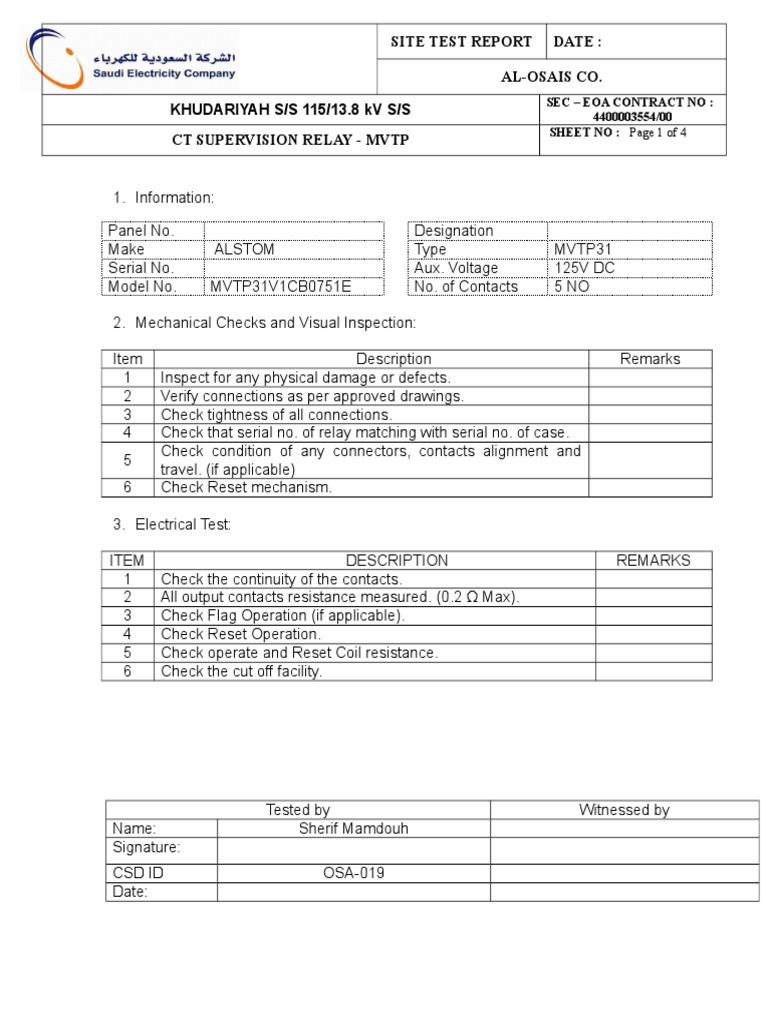 Site Test Report Date: Al-Osais Co. KHUDARIYAH S/S 115/13.8 KV S/S CT ...