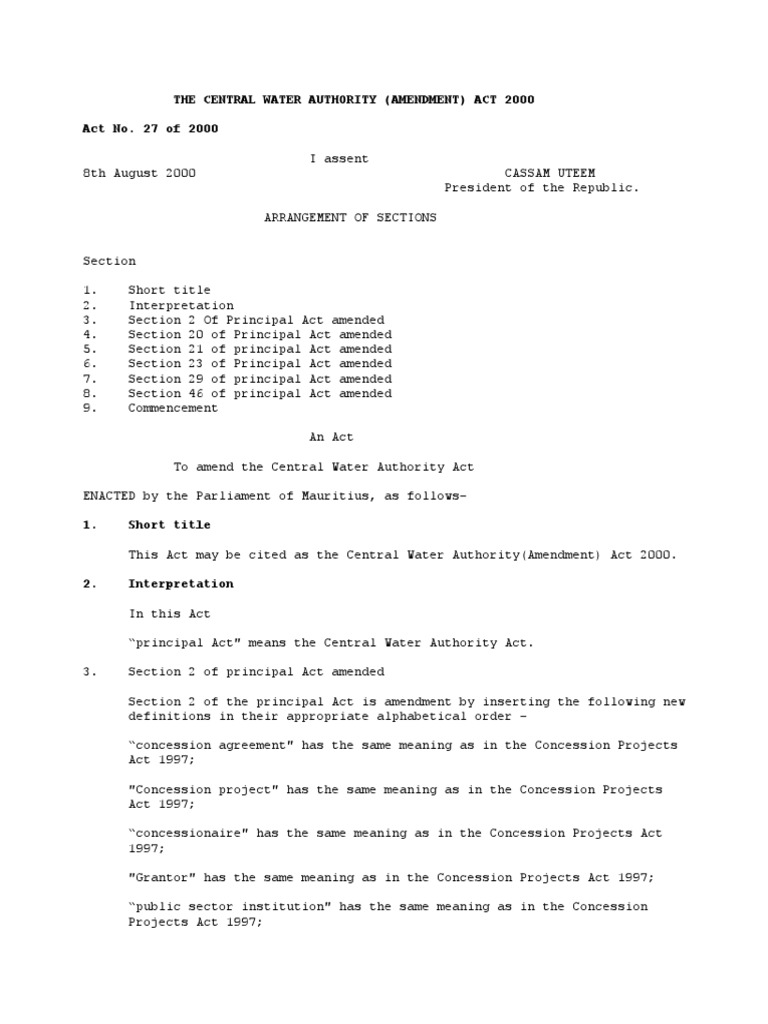 The Central Water Authority (Amendment) Act 2000 Act No. 27 of 2000 ...