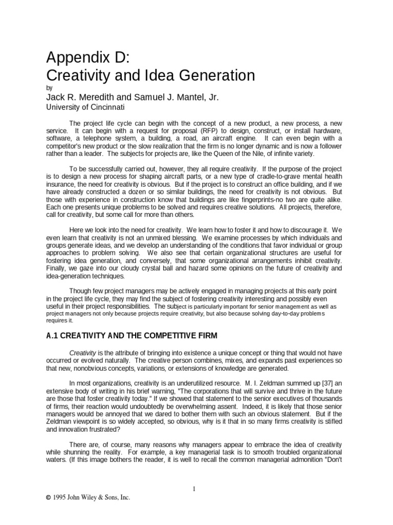 Appendix D: Creativity and Idea Generation: Jack R. Meredith and Samuel J. Mantel, JR | Download ...