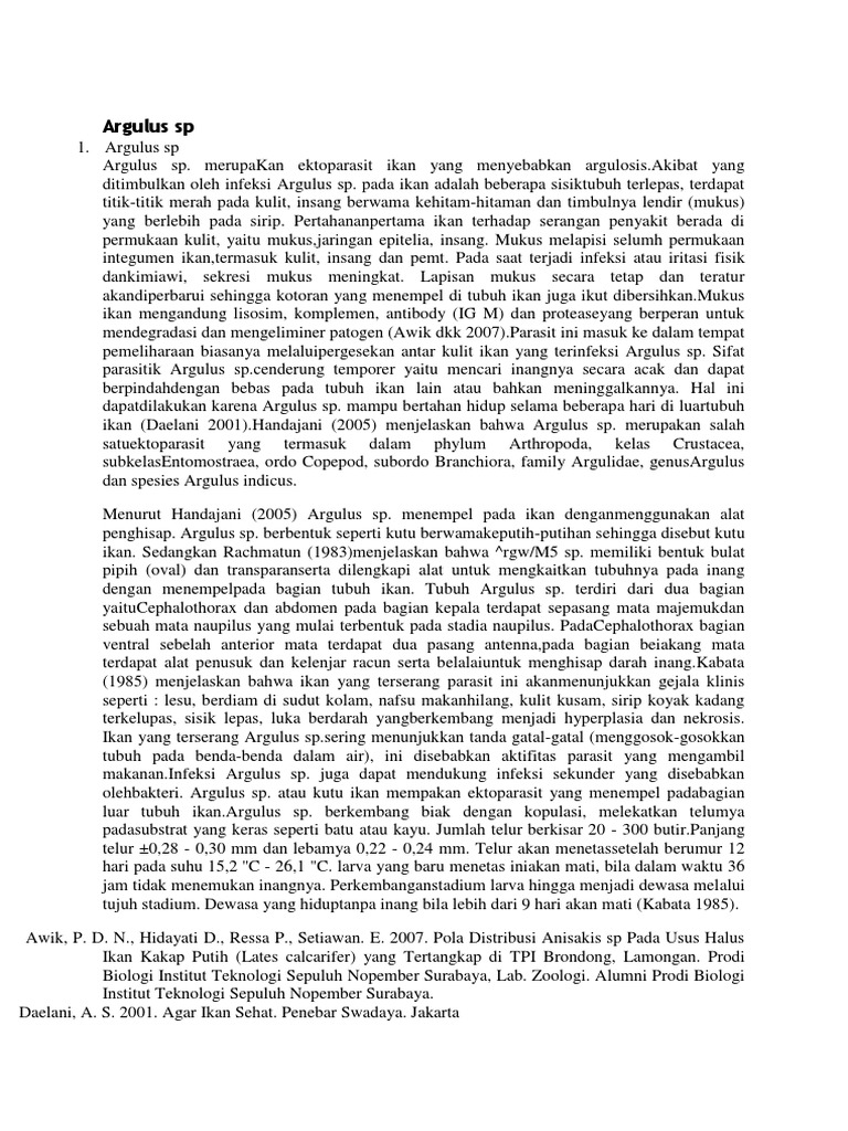 IKAN PAYAU] Argulus sp: Kutu Ikan yang Menyebabkan Argulosis pada Ikan Payau | PDF