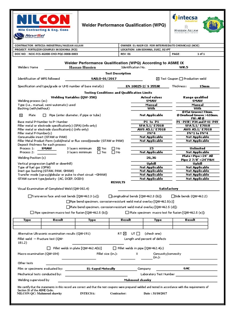 Welder Performance Qualification (WPQ) According To ASME IX Hassan ...