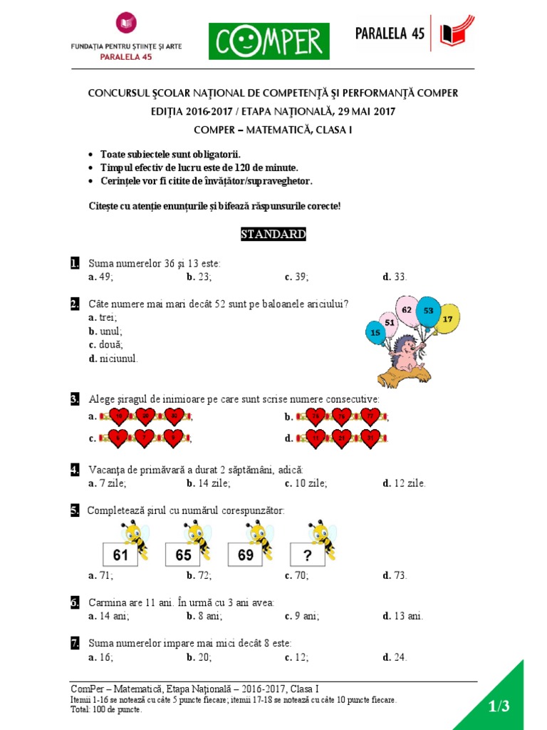 Comper-Matematica EtapaN 2016 2017 Clasa1 | PDF