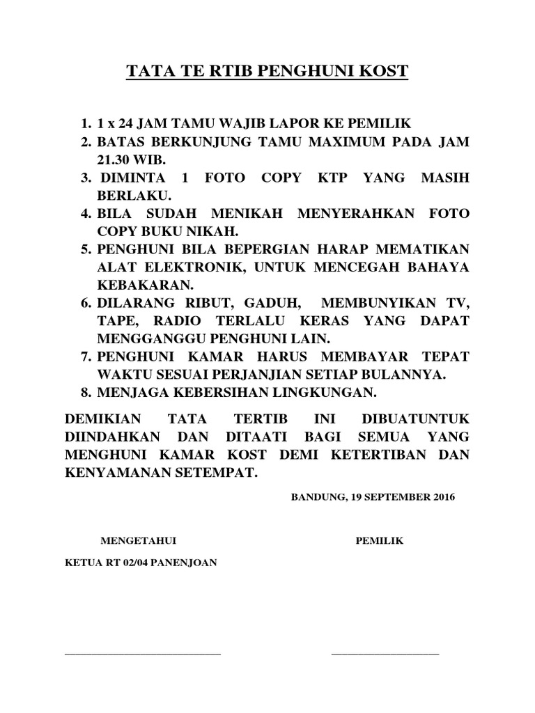 Tata Tertib Penghuni Kost | PDF