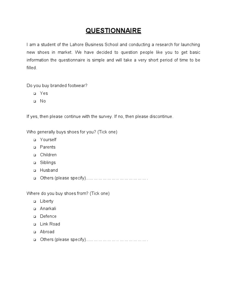 Research Questionnaire For Comfy Shoes | PDF | Marketing | Business ...
