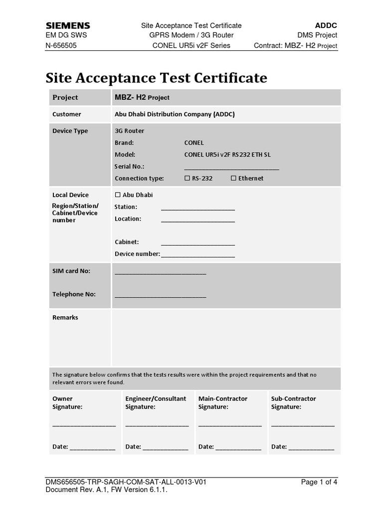 Site Acceptance Test Certificate: Customer Abu Dhabi Distribution ...
