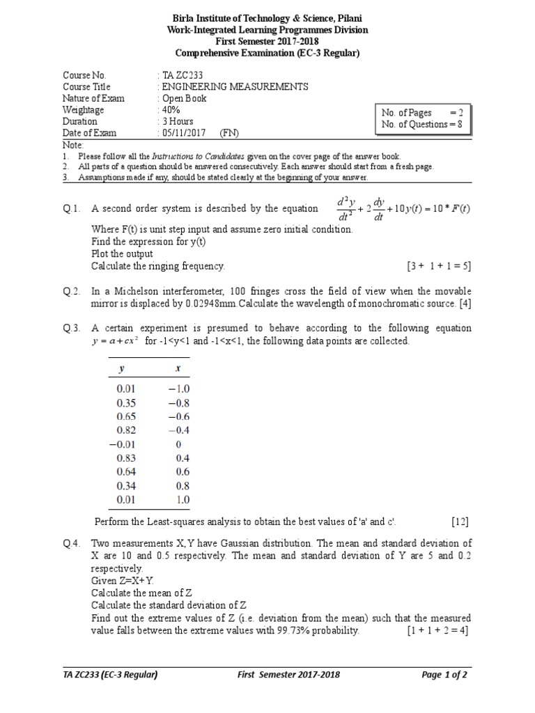 Ta Zc233 Ec-3r Second Sem 2017-18 | PDF | Viscosity | Pressure Measurement