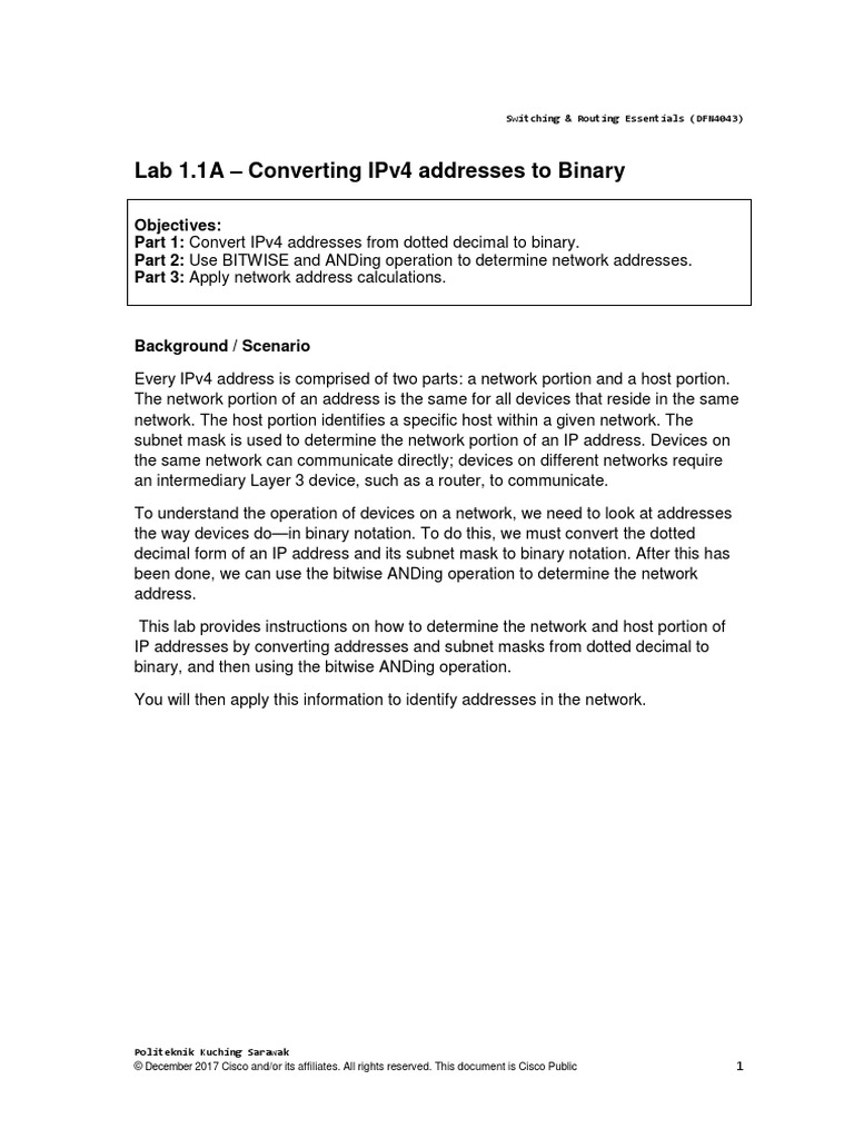 Lab 1.1 IPv4 Addressing | PDF | Ip Address | Network Architecture