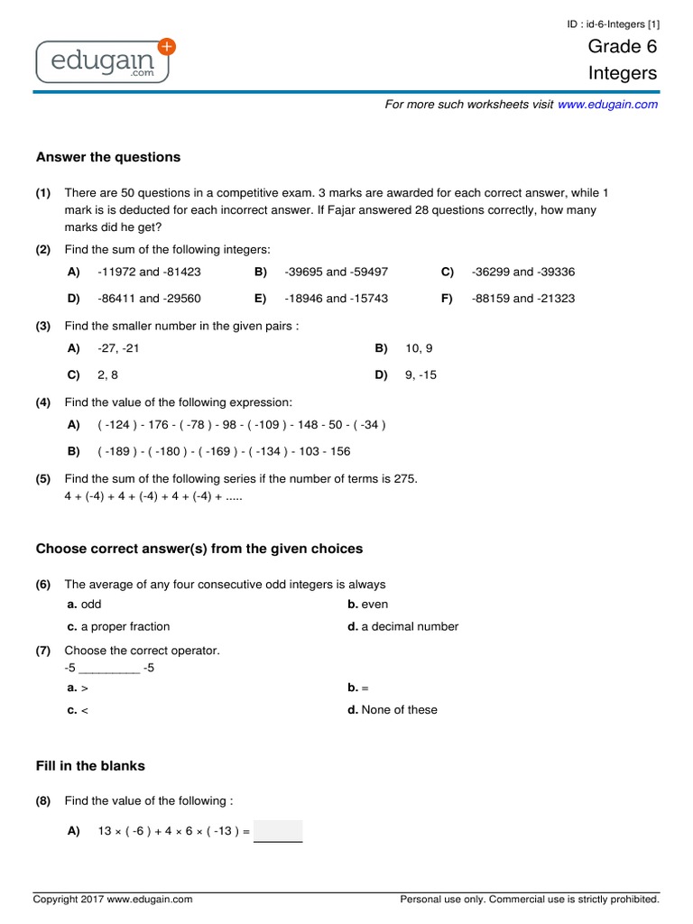 Grade 6 Integers Id | PDF | Division (Mathematics) | Mathematical Notation