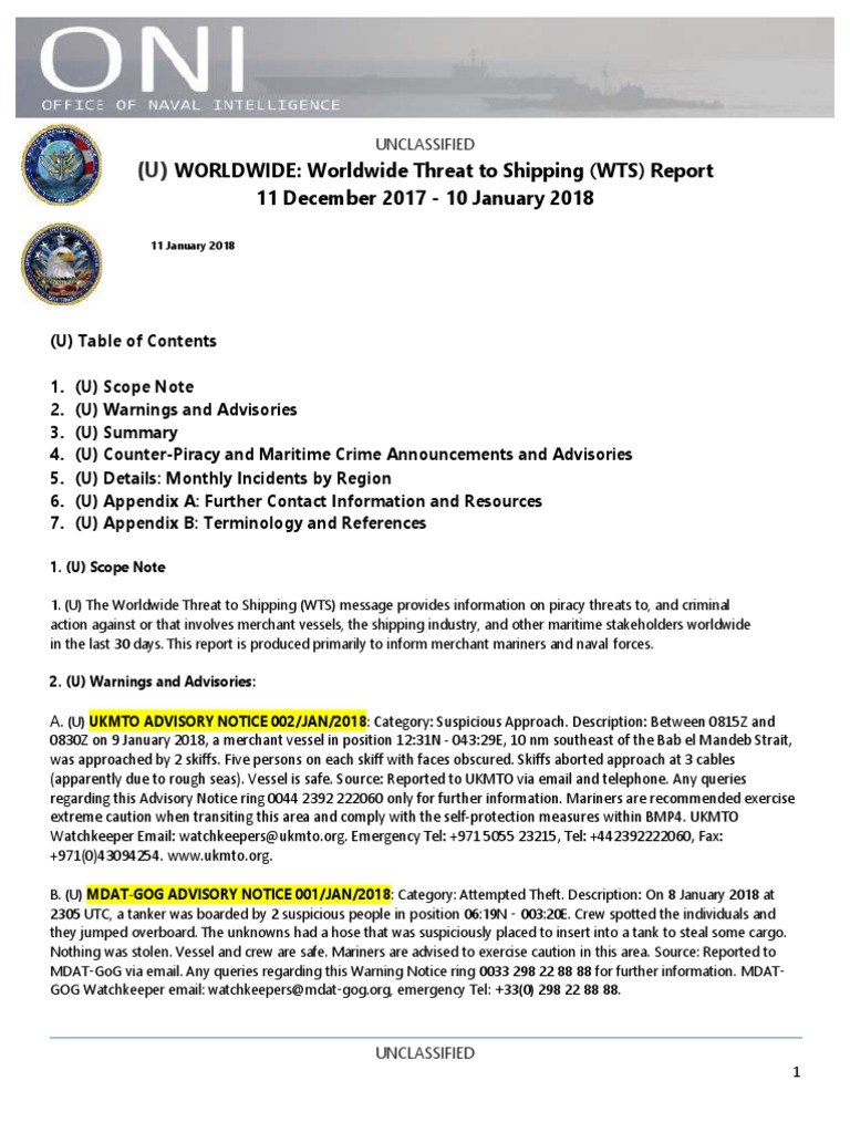 U. S. Navy Office of Naval Intelligence Worldwide Threat To Shipping ...