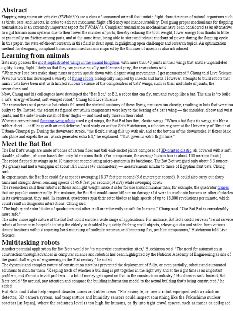 Bat Bot (B2) A Flying Inspired Machine Robot PDF | PDF | Quadcopter | Bat