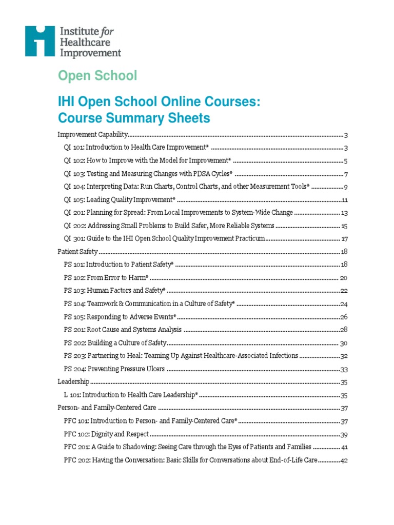 Open School: IHI Open School Online Courses: Course Summary Sheets ...