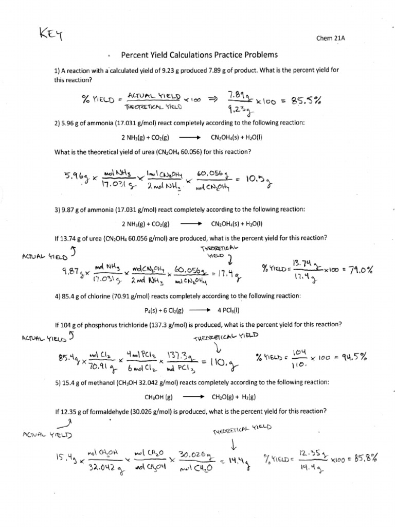 21A Percent Yield Practice Problems Key | PDF