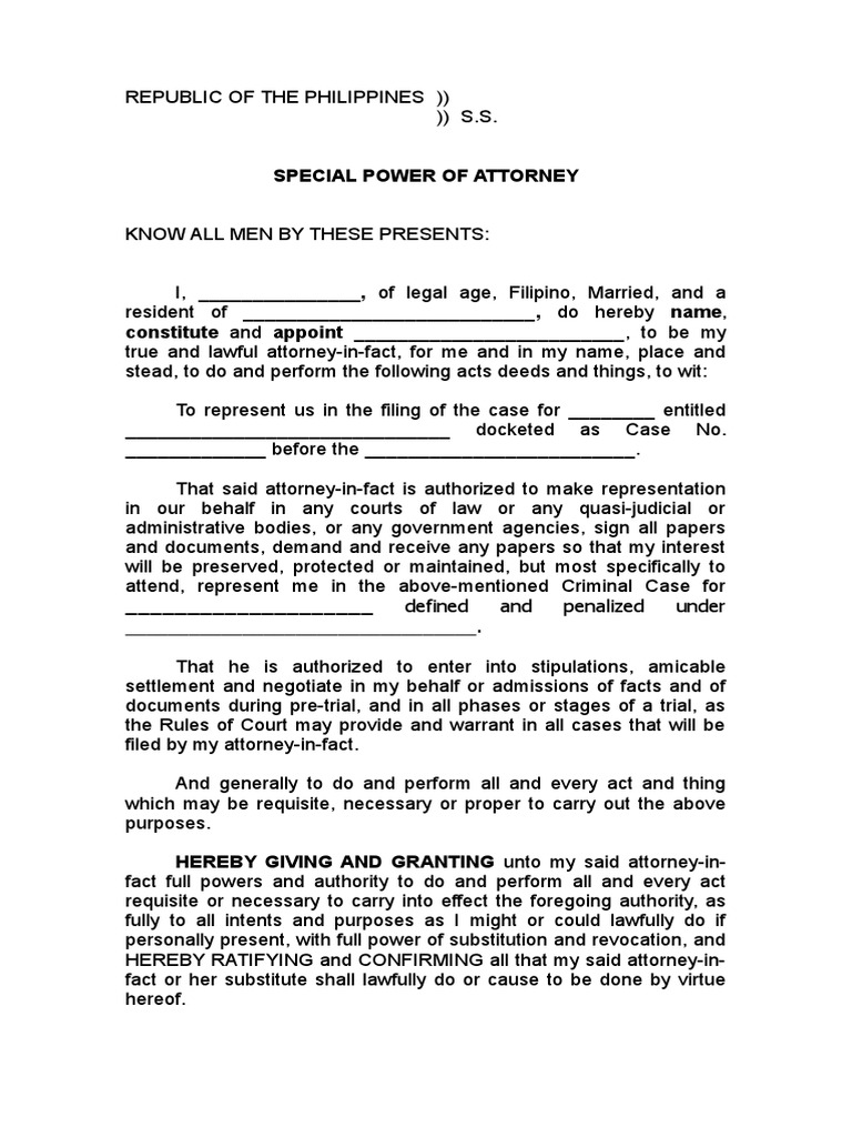 Spa (Spa For Filing A Case) | Download Free PDF | Power Of Attorney ...