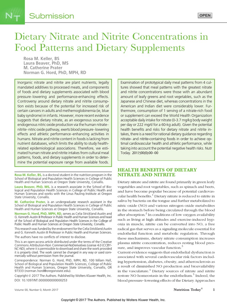 Dietary Nitrate and Nitrite Concentrations in Food.99968 PDF | PDF ...