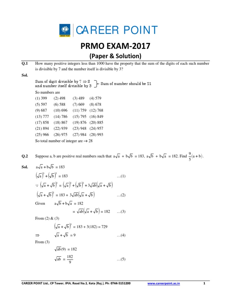 PRMO 2017 Exam Paper & Solutions | PDF | Prime Number | Mathematical ...