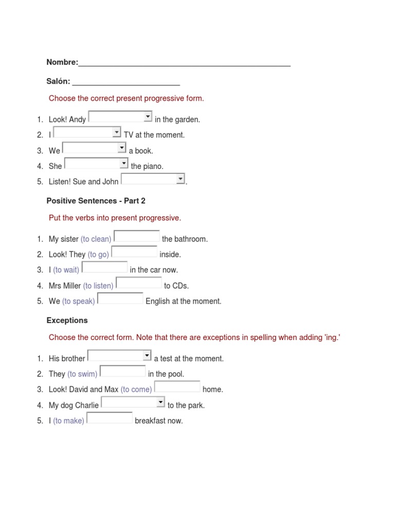 Present Progressive Exercises | PDF | Linguistic Morphology | Syntactic ...