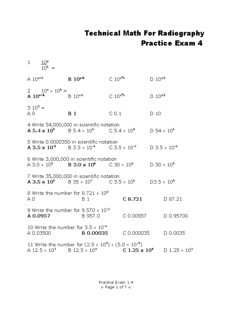 Technical Math For Radiography Practice Exam 4 | Download Free PDF ...
