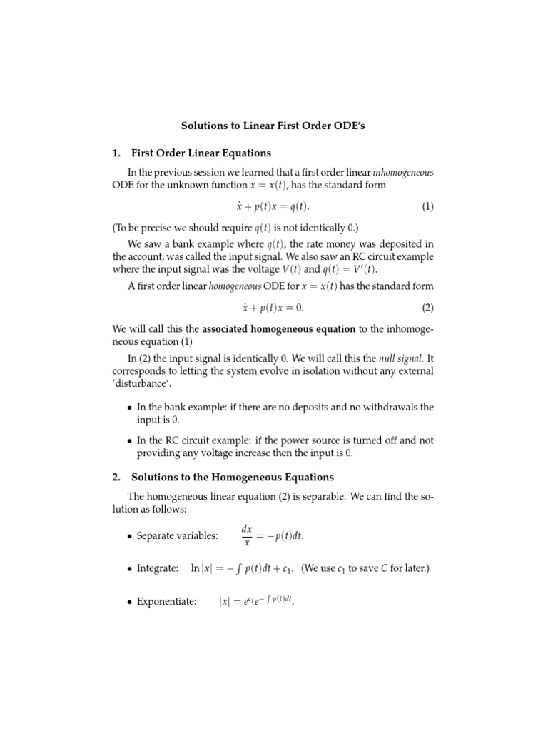 Solutions To Linear First Order ODE's 1. First Order Linear Equations ...
