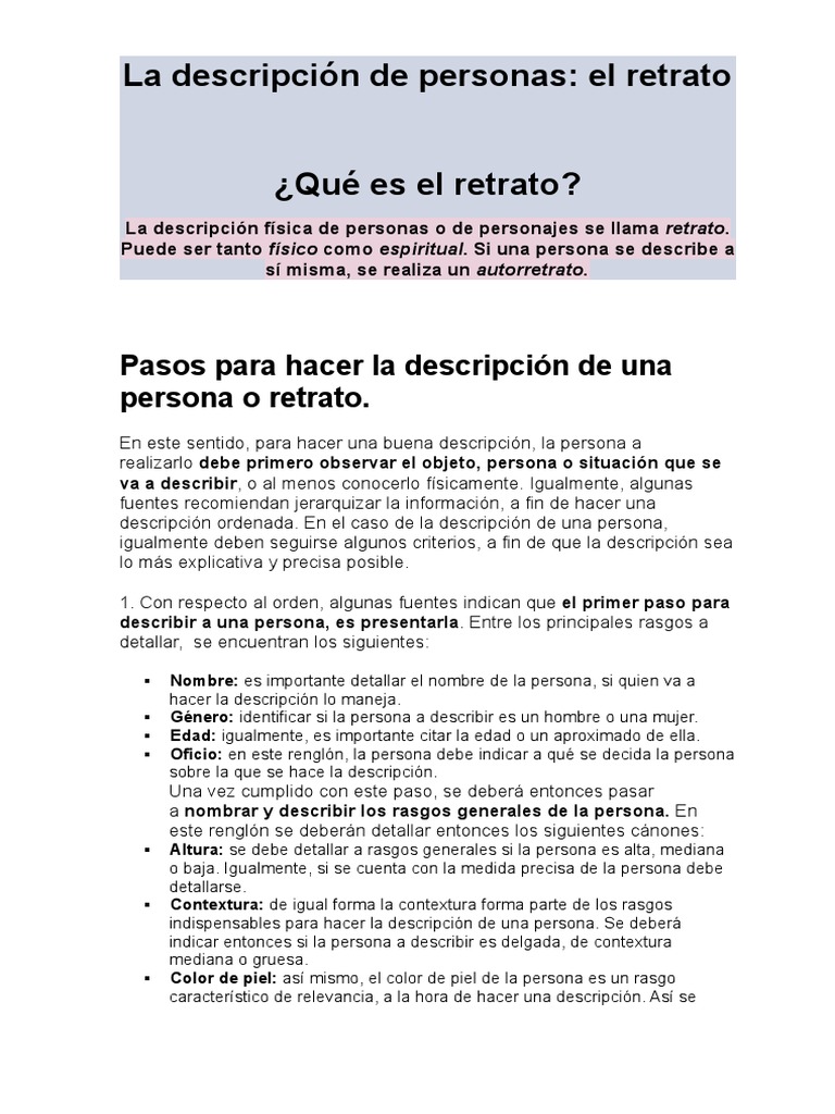 Características del retrato descriptivo | PDF | Retrato | Pelo