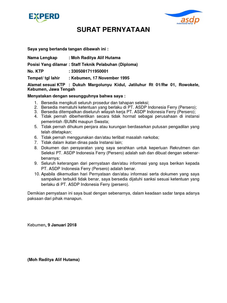 Surat Pernyataan Asdp | PDF