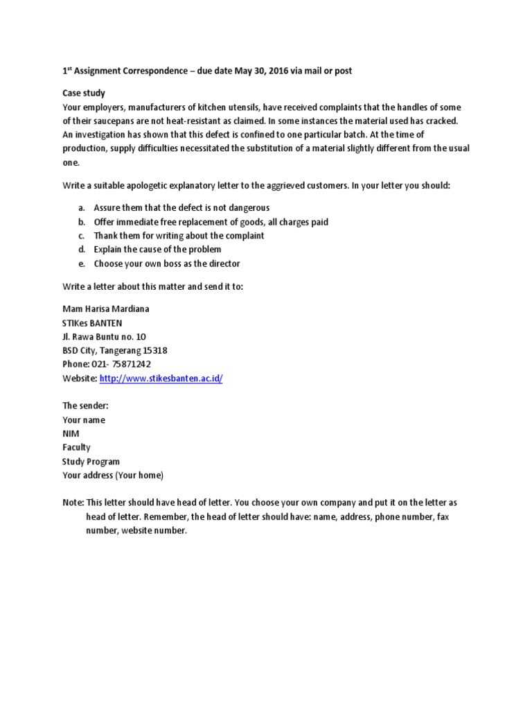 1 Assignment Correspondence - Due Date May 30, 2016 Via Mail or Post ...