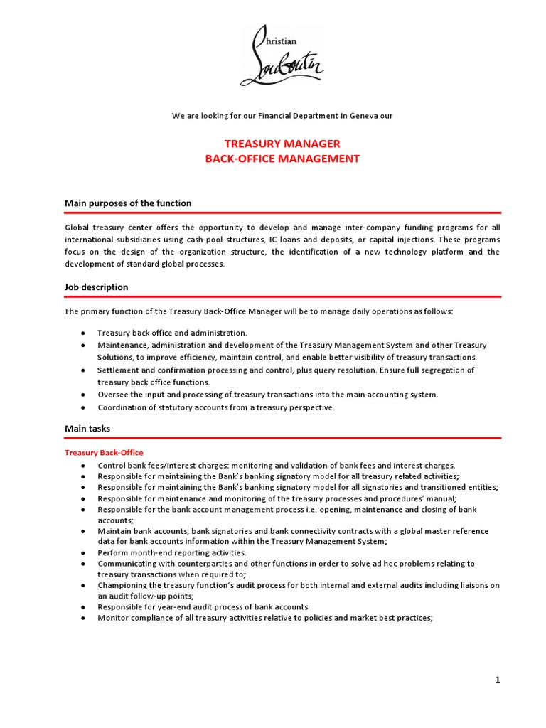 Treasury Manager Back-Office Management: Main Purposes of The Function ...