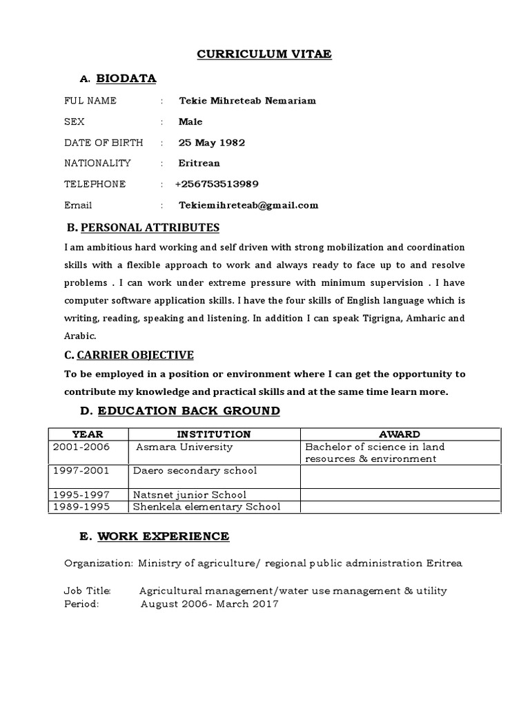 CV Summary for Bus Supervisor Role | PDF | Eritrea | Curriculum