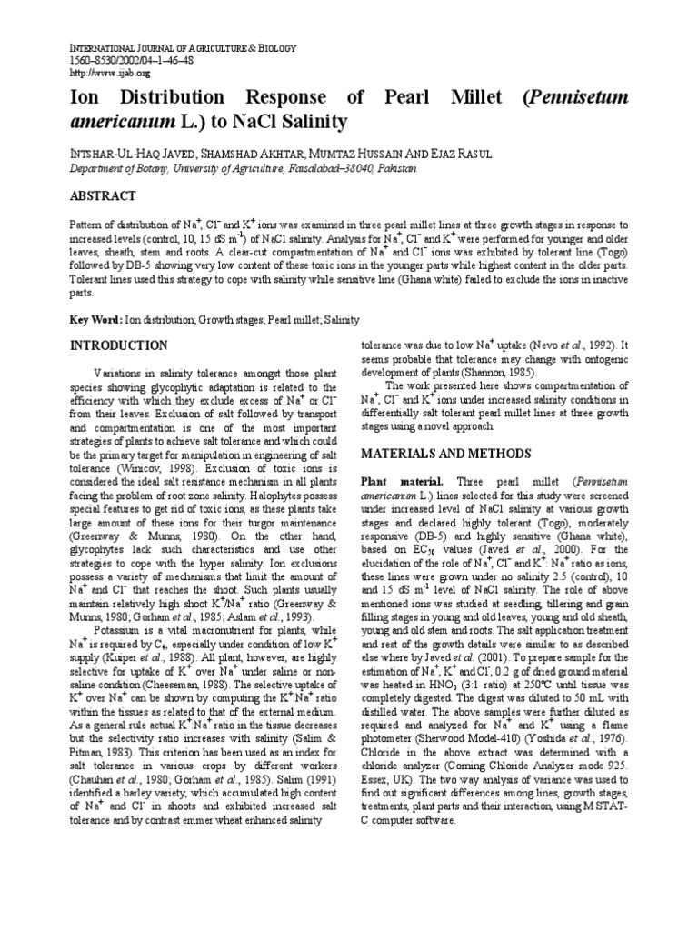 Ion Distribution in Pearl Millet Salinity | PDF | Sodium | Root