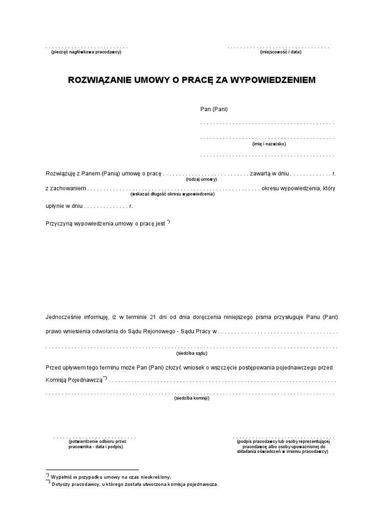 Rozwiazanie Umowy o Prace Za Wypowiedzeniem | PDF