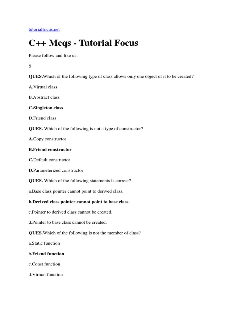 C++ Mcqs - Tutorial Focus: A Comprehensive Collection of Multiple ...