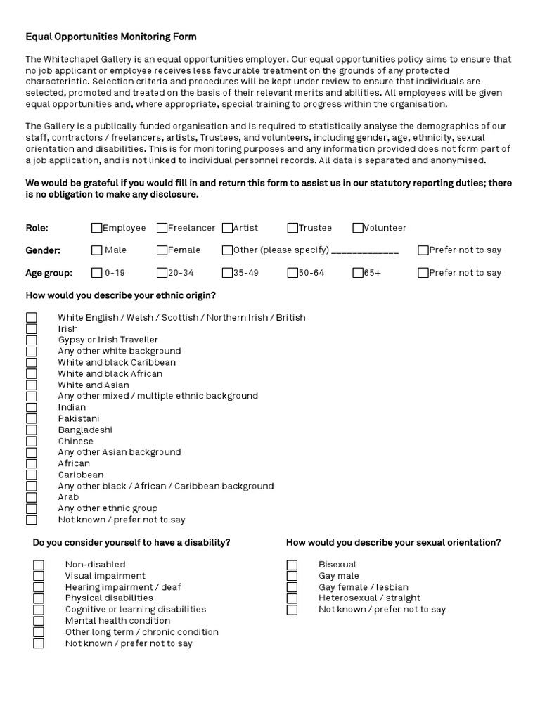 Equal Opportunities Monitoring Form | PDF | Equal Opportunity | Disability