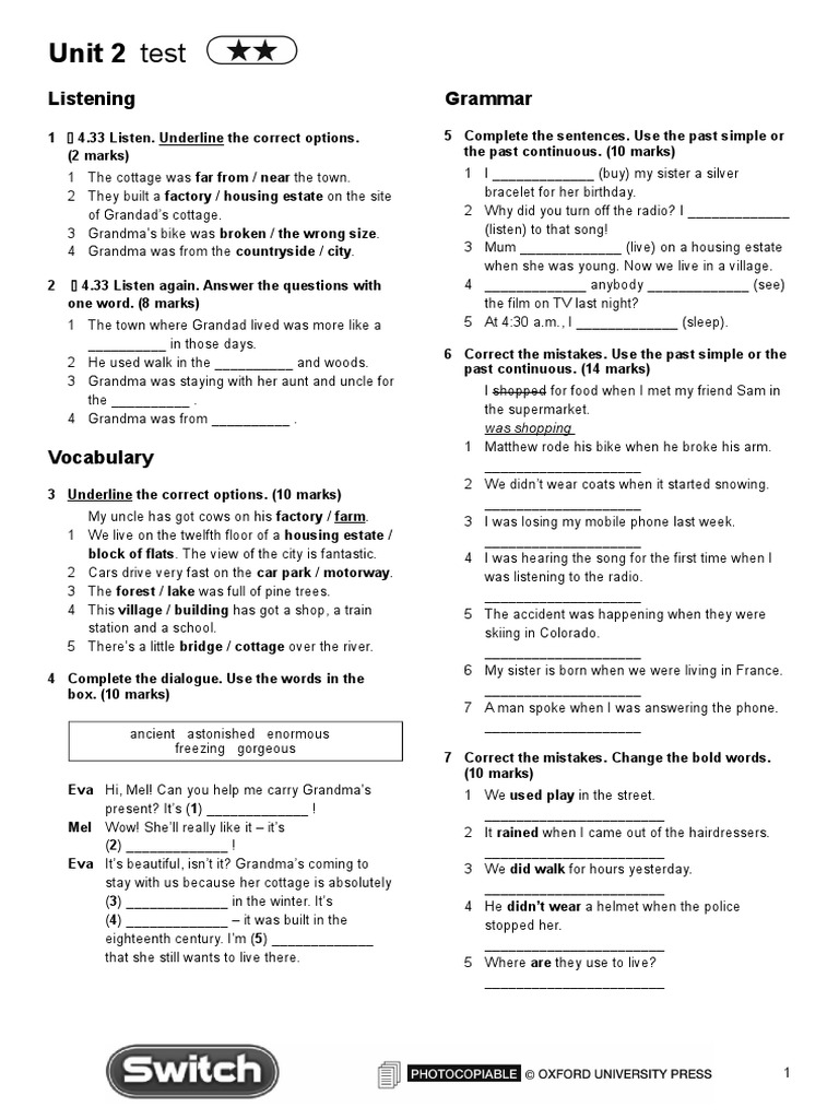 Unit 2 Test: Listening Grammar | PDF