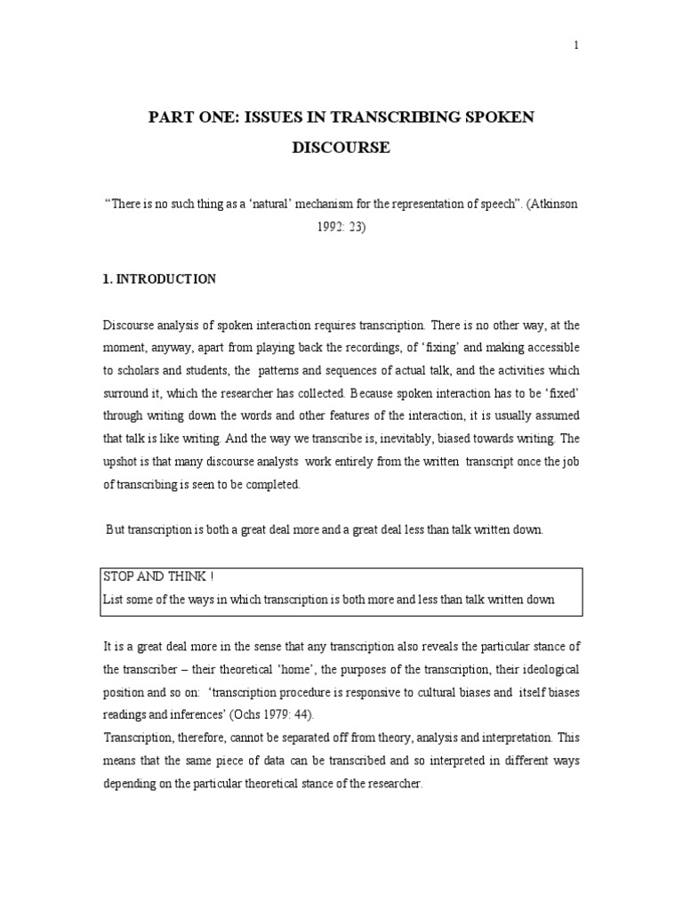 Issues in Transcribing Spoken Discourse Part1 | PDF | Reflexivity ...