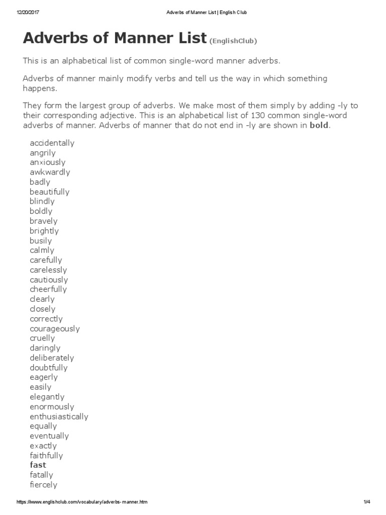 Adverbs of Manner List - English Club | PDF | Adverb | Semantic Units