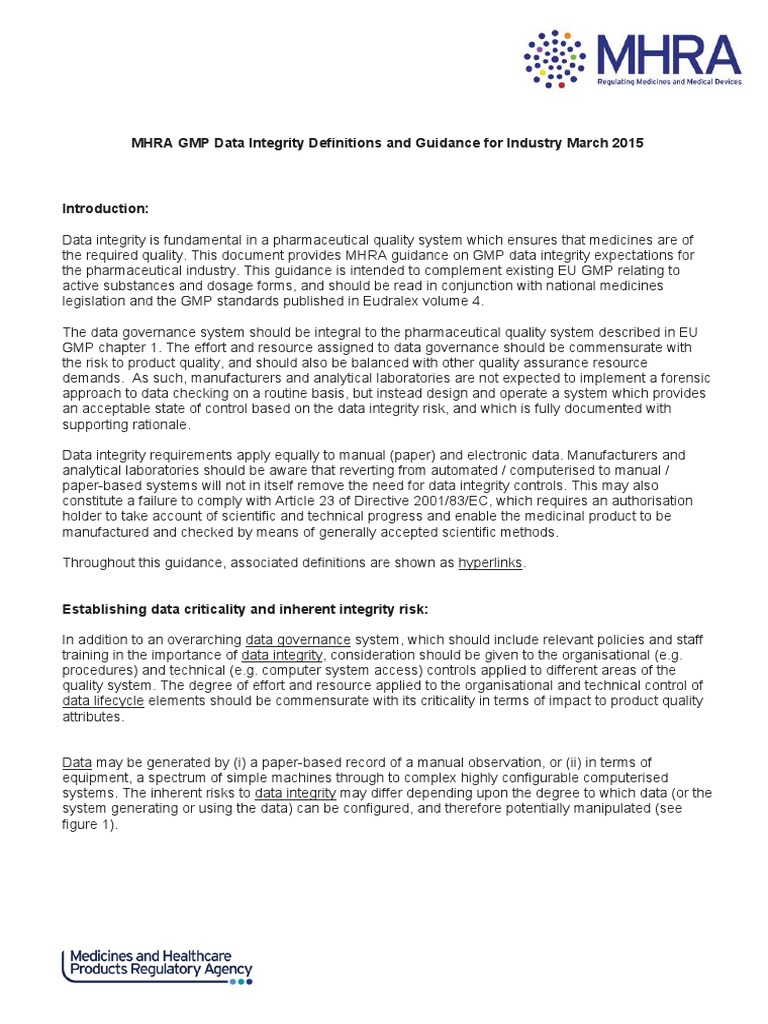 MHRA Data - Integrity - Definitions - and - Guidance - v2 PDF | PDF ...