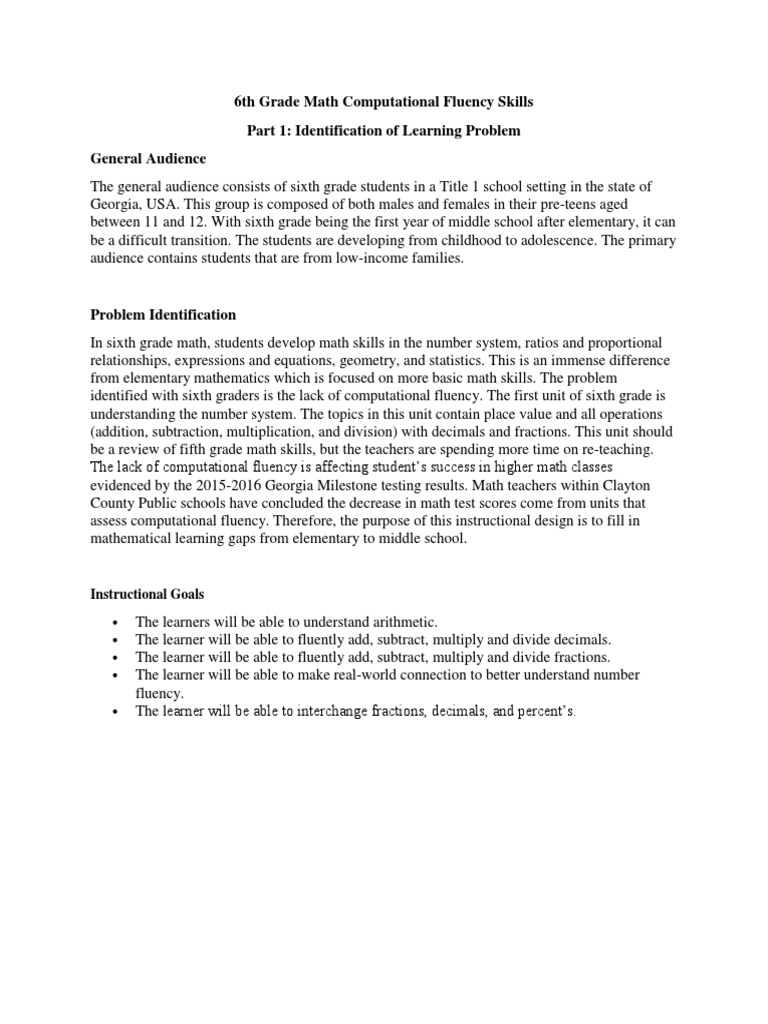 6th Grade Math Computational Fluency Skills Part 1: Identification of ...