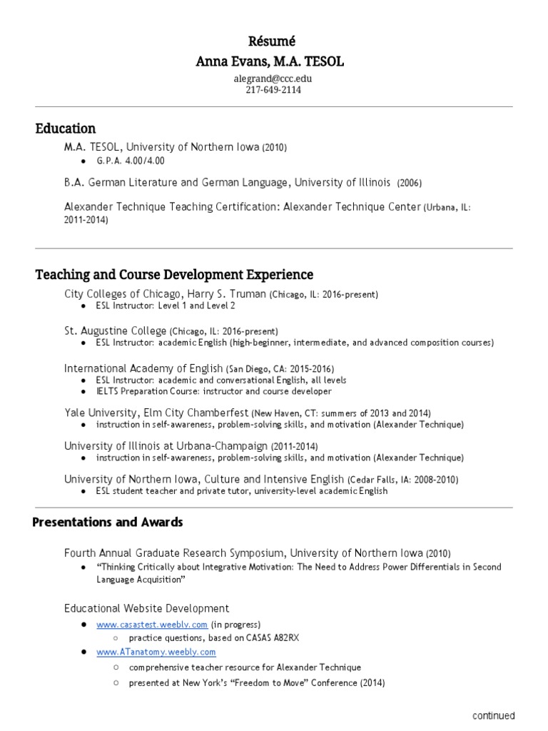 Résumé Anna Evans, M.A. TESOL: Presentations and Awards | PDF | English ...