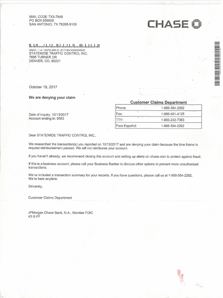 Cathie Naeve Letter From Chase Denying Claim and 14 Forged Checks ...