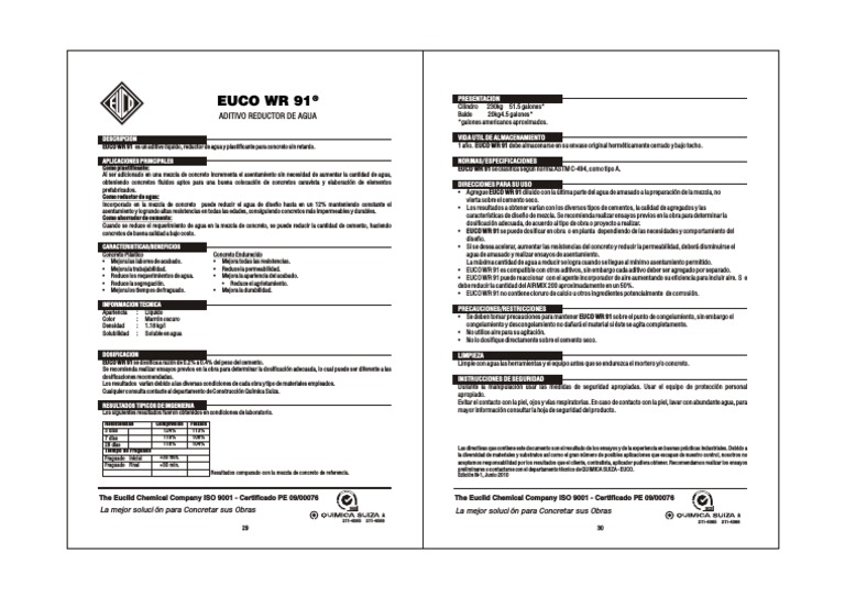Especificaciones Tecnicas Euco WR 91 | PDF | Hormigón | Cemento