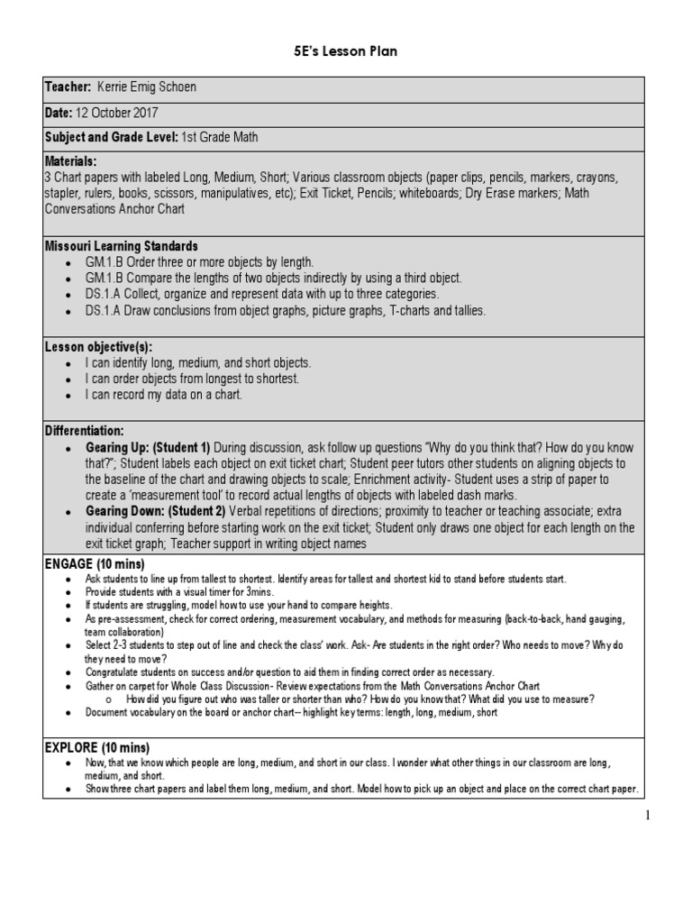 1st Grade Math: Measuring Lengths Lesson | PDF | Lesson Plan ...