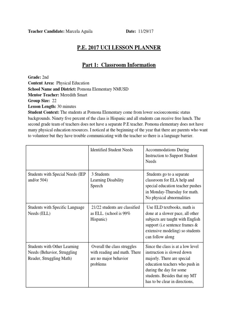 Pe Lesson Plan | PDF | Special Education | Physical Education