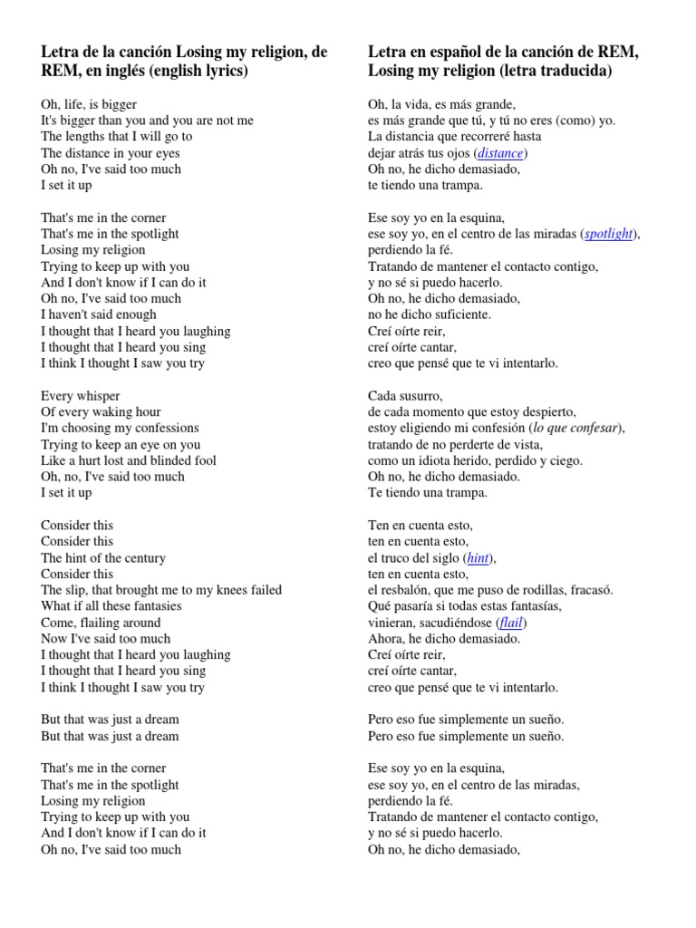 Letra de la canción Losing my religion, de REM, en inglés (english ... Letra de la canción Losing my religion, de REM, en inglés (english ...