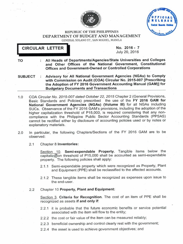 Circular Letter No. 2016 - 7 - Semi Expendable | PDF | Budgets And ...